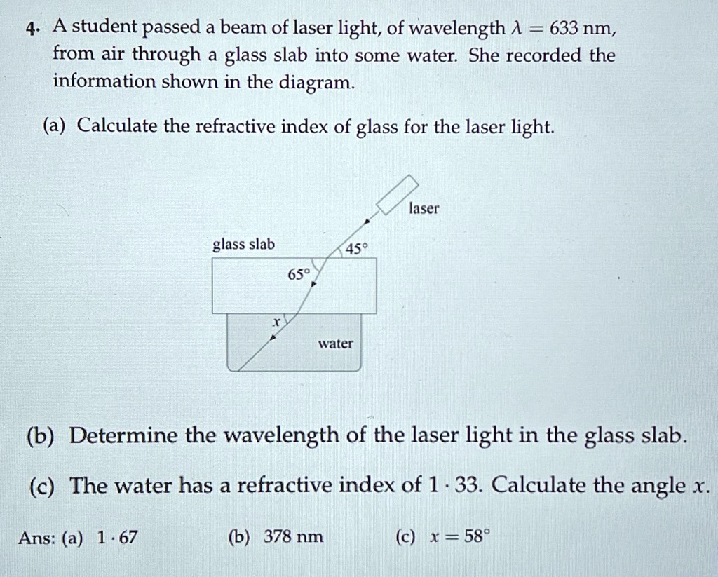 SOLVED: A student passed a beam of laser light, of wavelength lambda =633nm, from air through a ...