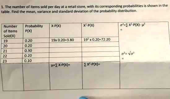 1. The number of items sold per day at a retail store, with its corresponding probabilities is ...