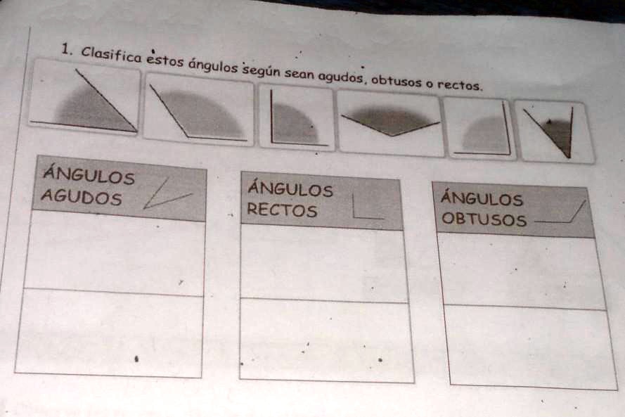 SOLVED: 1. Clasifica estos angulos según sean AGUDOS OBTUSOS O RECTOS 1 ...