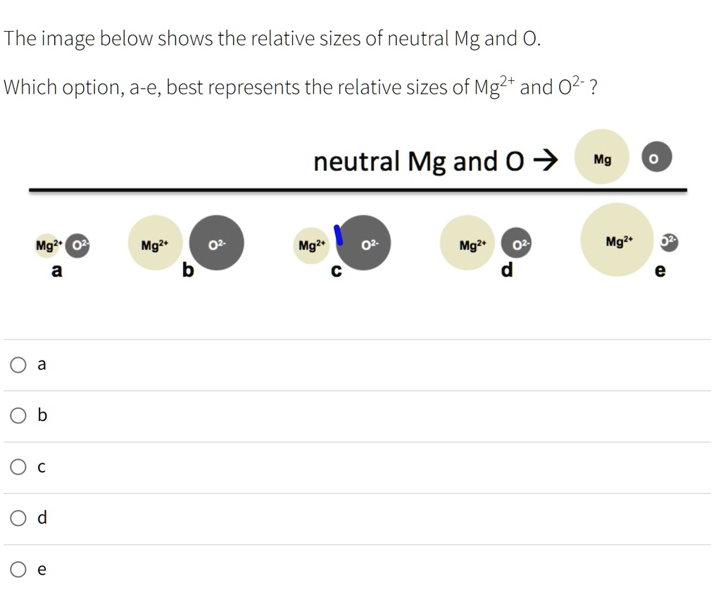 The image below shows the relative sizes of neutral Mg and O. Which option, a-e, best represents ...