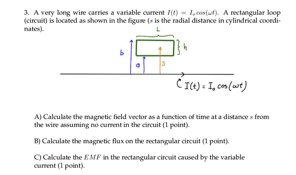SOLVED: 3 A very long wire carries variable current I(t) Io cos(wt). A ...