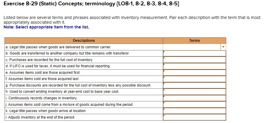 Exercise 8-29 (Static) Concepts; terminology [LO8-1, 8-2, 8-3, 8-4, 8-5] Listed below are ...