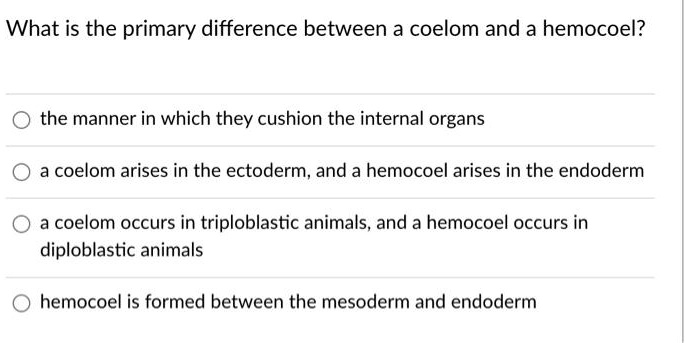SOLVED: What is the primary difference between a coelom and a hemocoel ...