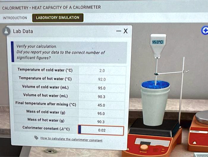 SOLVED: CALORIMETRY-HEAT CAPACITY OF A CALORIMETER INTRODUCTION LABORATORY SIMULATION Lab Data ...