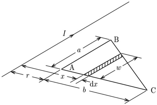 SOLVED: A triangular closed circuit and a conductor with DC current, is placed on a common plane ...