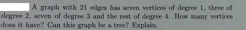 a graph with 21 edges has seven vertices of degree 1 three of degree 2 seven of degree 3 and the ...