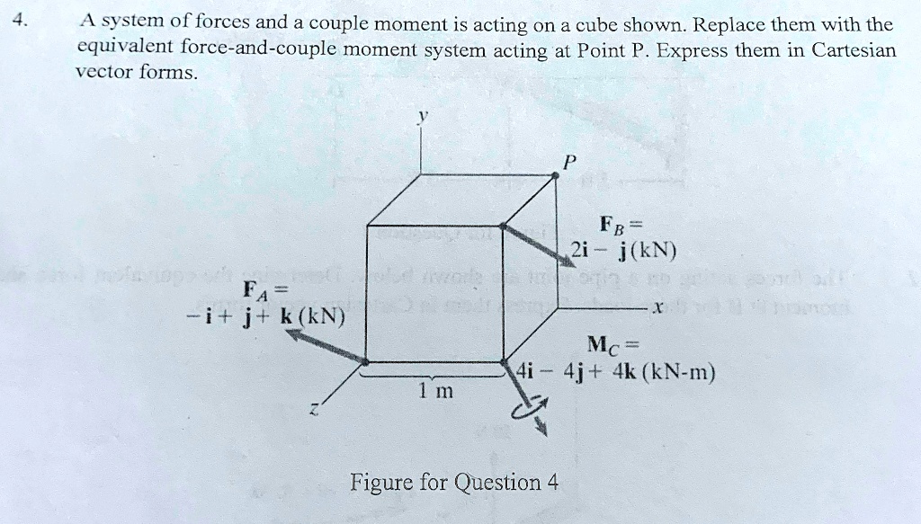 4. A system of forces and a couple moment is acting on a cube shown. Replace them with the ...