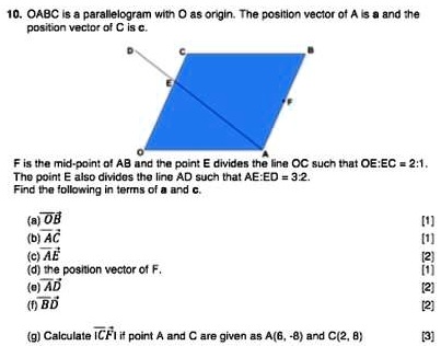 10. OABC is a parallelogram with O as origin. The position vector of A is a and the position ...