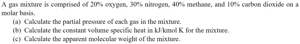 SOLVED: A gas mixture is comprised of 20% oxygen, 30% nitrogen, 40% ...