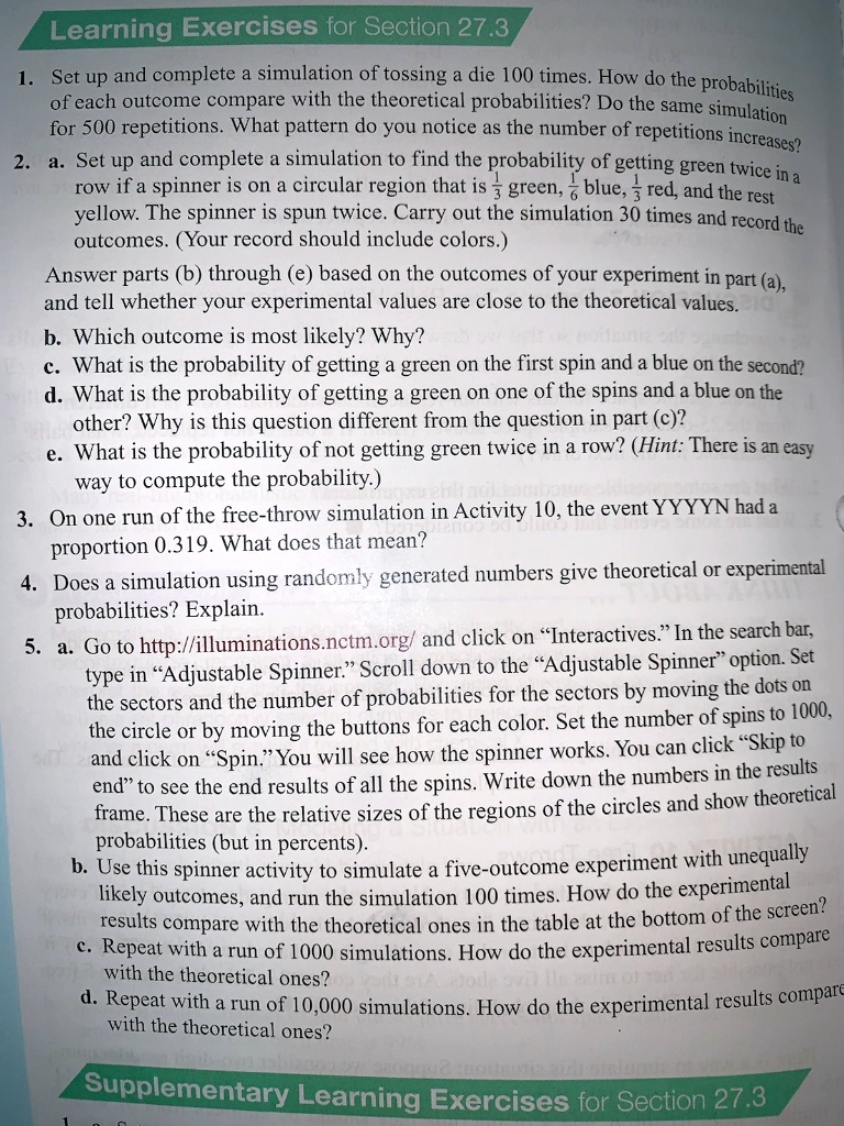 learning exercises for section 273 set up and complete a simulation of tossing a die 100 times ...