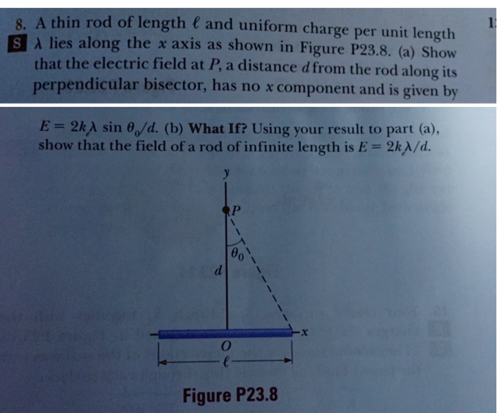SOLVED: 8. A thin rod of length € and uniform charge S per unit length ...