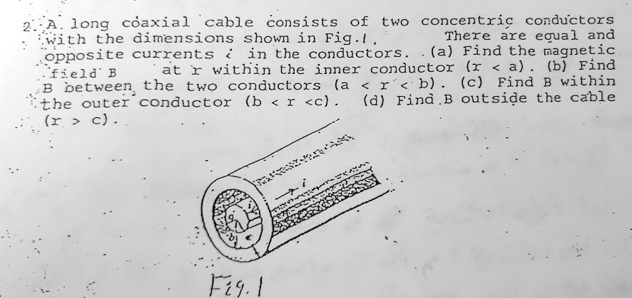 long coaxial cable consists of two concentric corductors with the dimensions shown in fig there ...