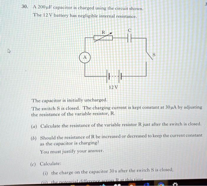 SOLVED: A 200 Î¼F capacitor is charged using the circuit shown. The 12 ...
