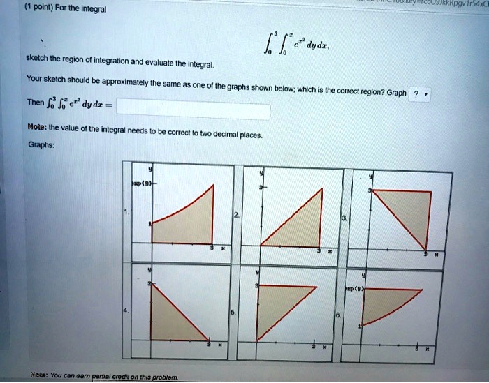(1 point) For the integral ∫0^3 ∫0^x e^y dy dx, sketch the region of ...