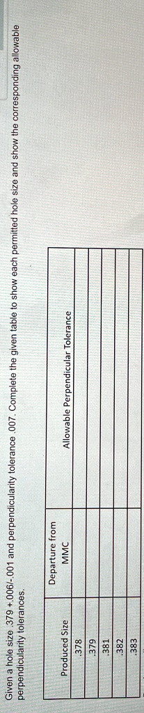 Given a hole size .379+.(006)/(-).001 and perpendicularity tolerance .007 . Complete the given ...
