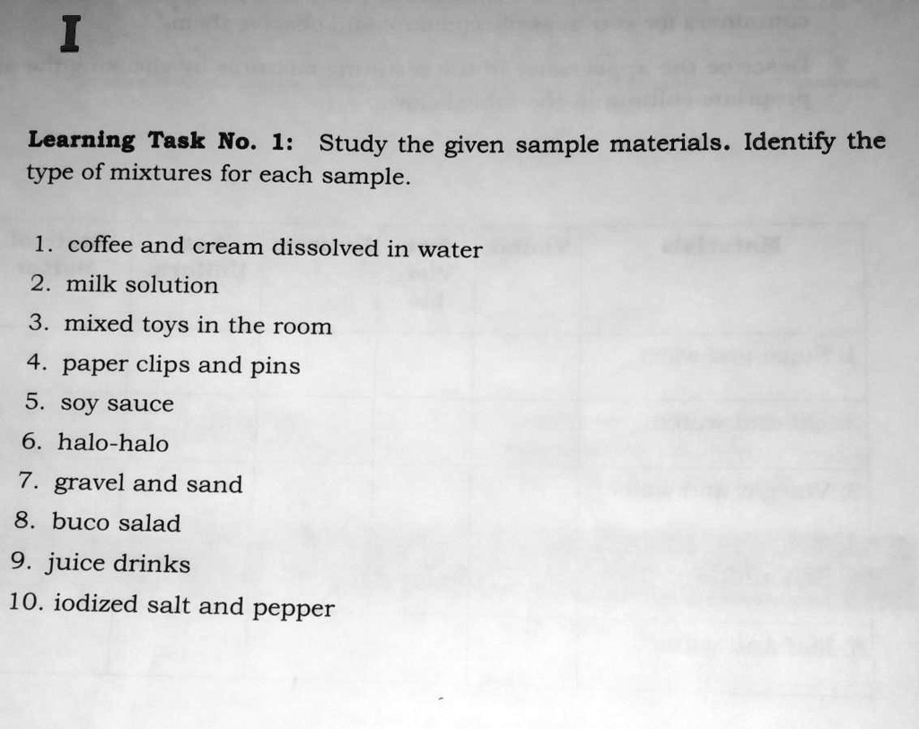 I Learning Task No. 1: Study the given sample materials. Identify the ...