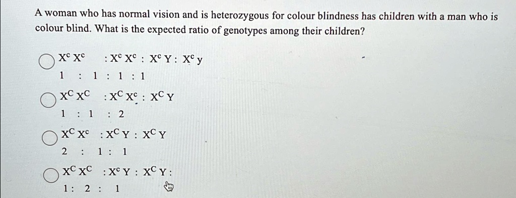 A woman who has normal vision and is heterozygous for colour blindness ...