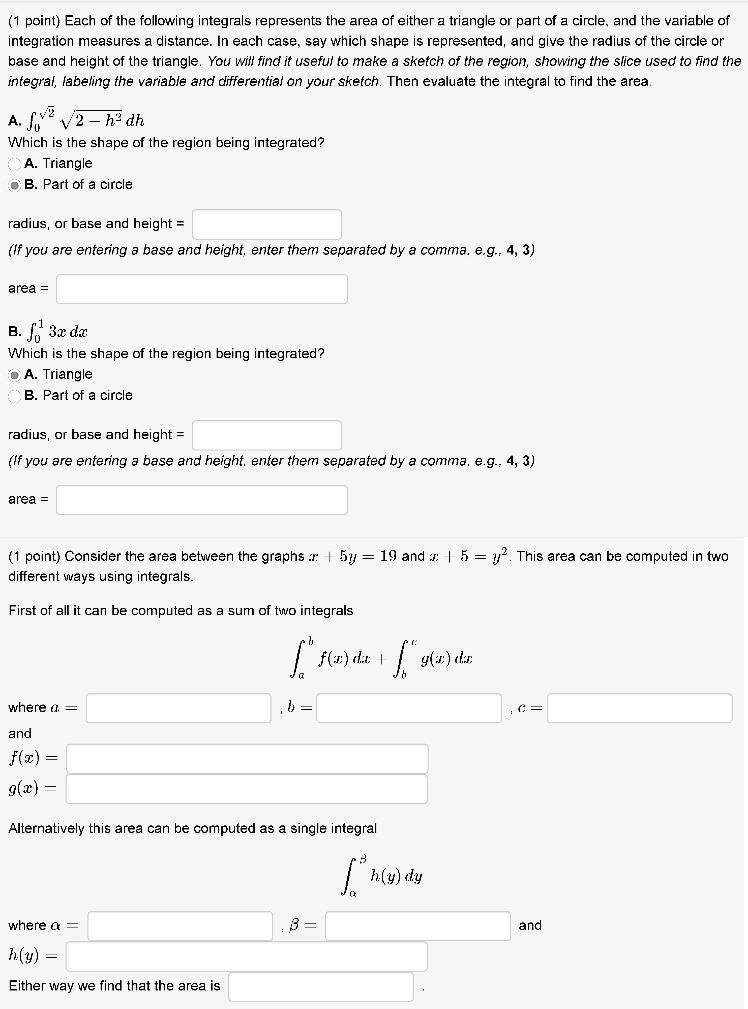 SOLVED: Each of the following integrals represents the area of either a triangle or part of a ...