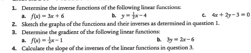 SOLVED: Determine the inverse funcrions of che following linear functions: f(x) = 3x + 6 y = #-4 ...