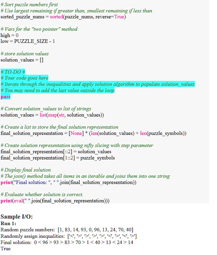 sort puzzle numbers first use largest remaining if greater than smallest remaining if less than ...
