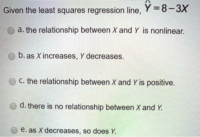 Given the least squares regression line , Y=8-3X a. the relationship between X and Y is ...