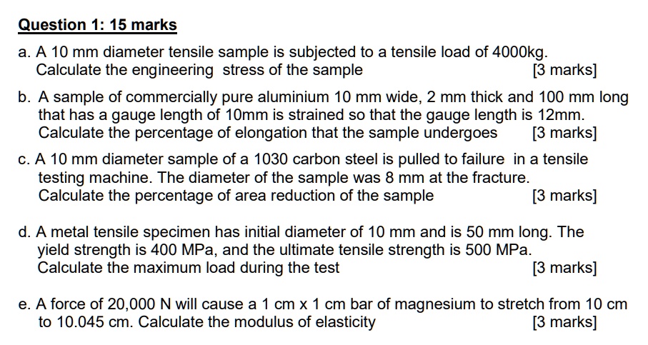 SOLVED: Question 1: 15 marks a. A 10 mm diameter tensile sample is ...