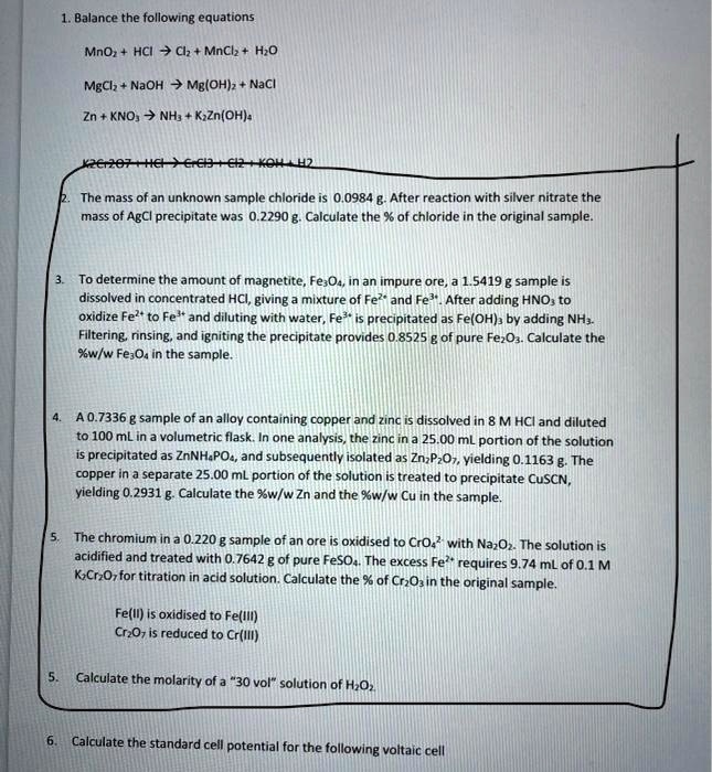 SOLVED: 1. Balance the following equations: a) MnO + HCl -> MnCl2 + H2O b) MgCl2 + NaOH -> Mg(OH ...