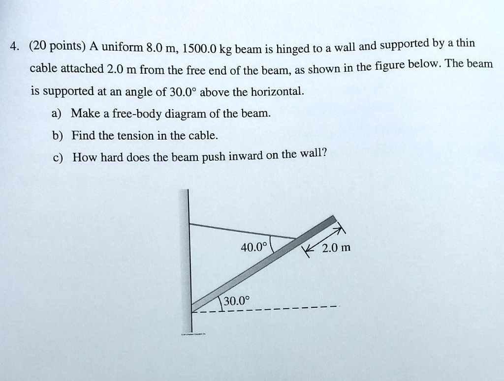 SOLVED: 4 (20 points) A uniform 8.0 m, 1500.0 kg beam is hinged to a wall and supported by a ...