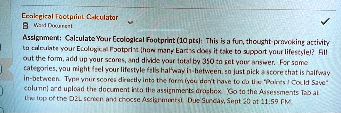 SOLVED: Ecological Footprint Calculator Word Documcnt Assignment ...