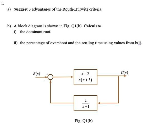 1. a) Suggest 3 advantages of the Routh-Hurwitz criteria. b) A block ...
