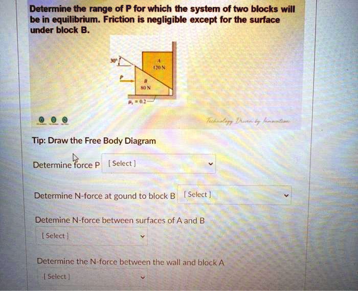 Determine the range of P for which the system of two blocks will be in equilibrium. Friction is ...