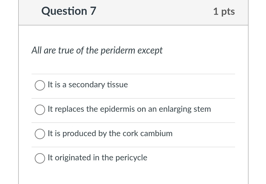 SOLVED: Question 7 1 pts All are true of the periderm except It is a ...