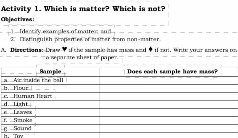 Activity 1 . Which is matter? Which is not? Objectives: 1.-Identify ...