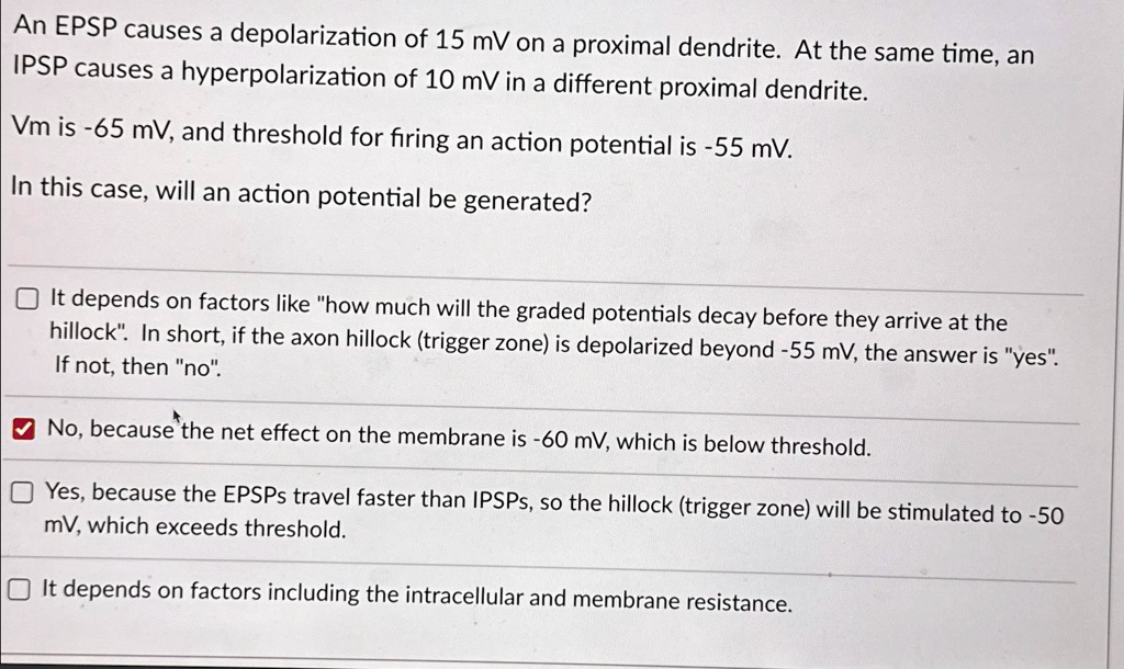 VIDEO solution: An EPSP causes a depolarization of 15mV on a proximal dendrite. At the same time ...