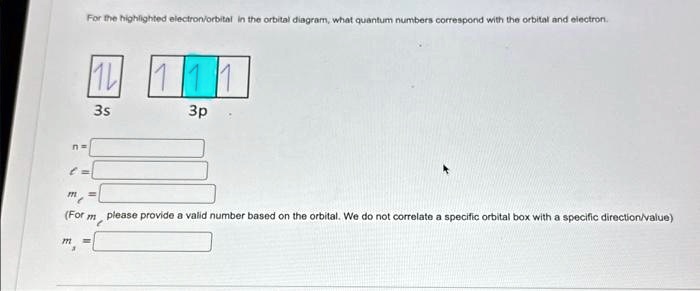 SOLVED: Texts: For the highlighted electron/orbital in the orbital diagram, what quantum numbers ...