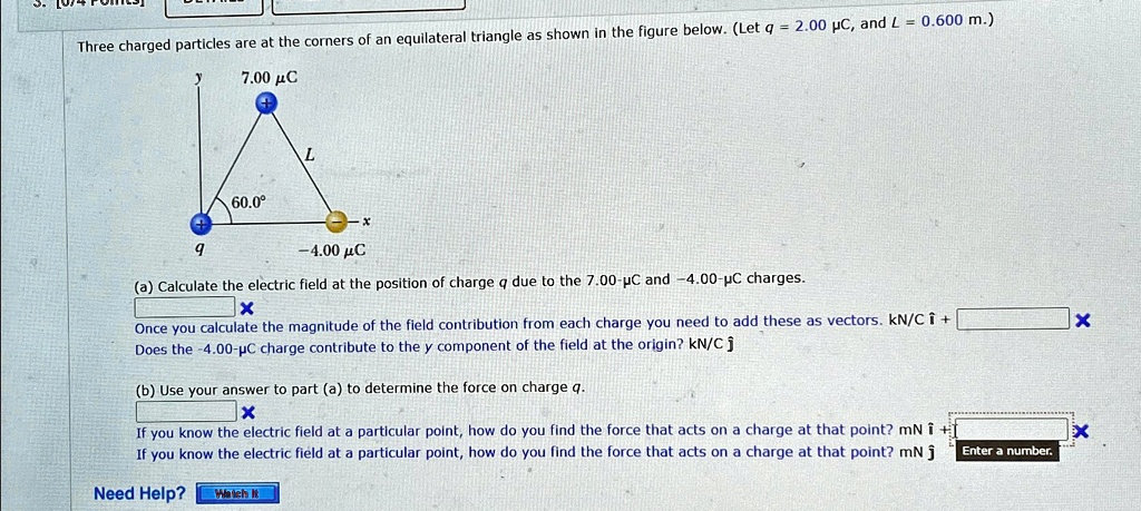 three charged particles are at the corners of an equilateral triangle ...