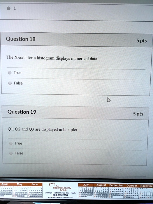 SOLVED: Question 18 5 pts The X-axis for a histogram displays numerical data: True False ...