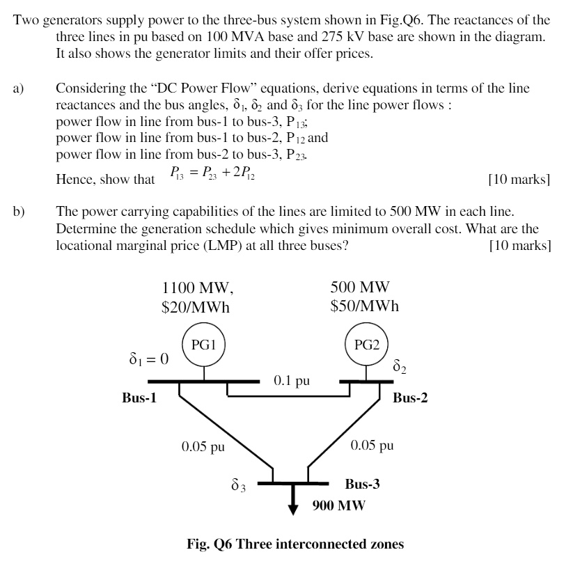 Two generators supply power to the three-bus system shown in Fig.Q6. The reactances of the three ...