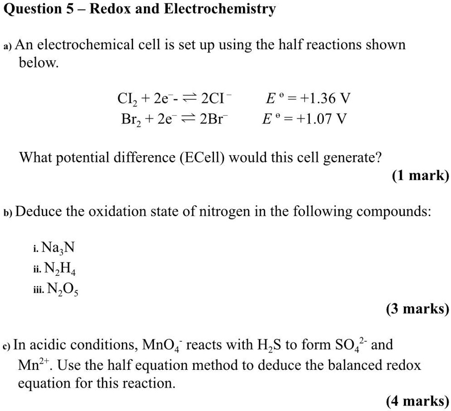 SOLVED: Question 5 - Redox and Electrochemistry 4) An electrochemical cell is set up using the ...
