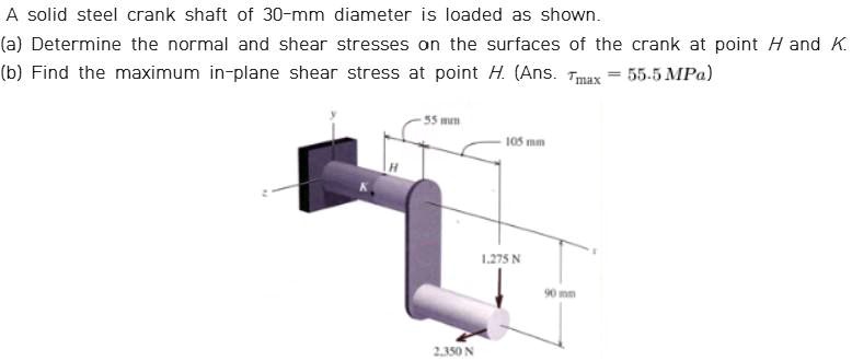 A solid steel crank shaft of 30-mm diameter is loaded as shown. (a ...