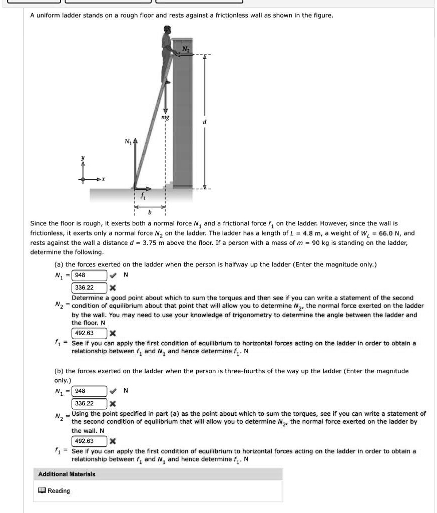 uniform ladder stands on rough floor and rests against frictionless wall as shown in the figure ...