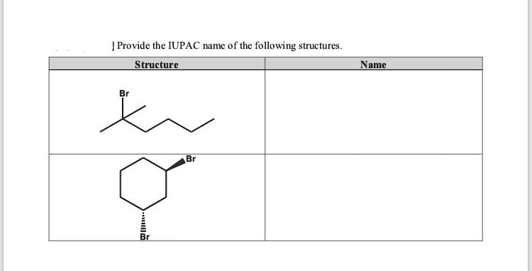 SOLVED: Provide the IUPAC name of the following structures. Structure Name