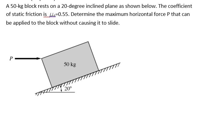 SOLVED: A 50-kg block rests on a 20-degree inclined plane as shown below. The coefficient of ...