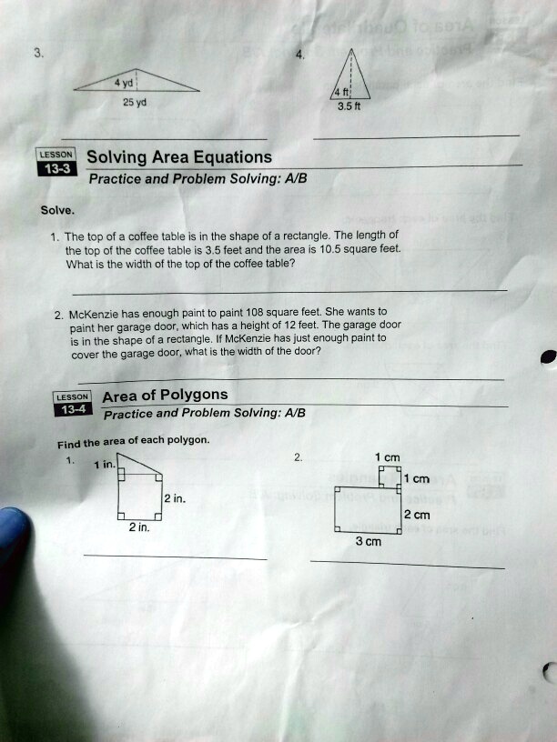 SOLVED: 25 yd 35 ft LESSON Solving Area Equations 413-3 Practice and ...
