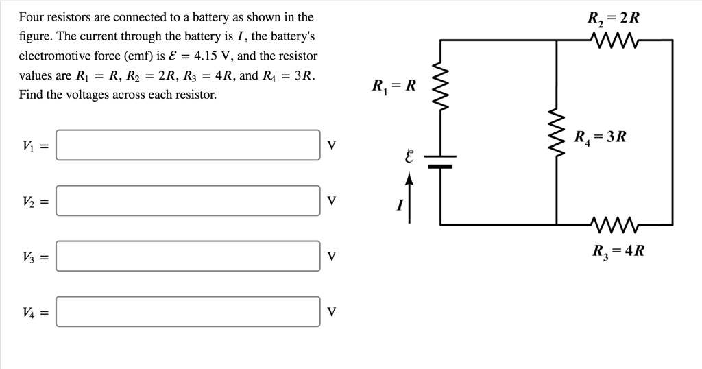SOLVED: Four resistors are connected to a battery as shown in the figure. The current through ...