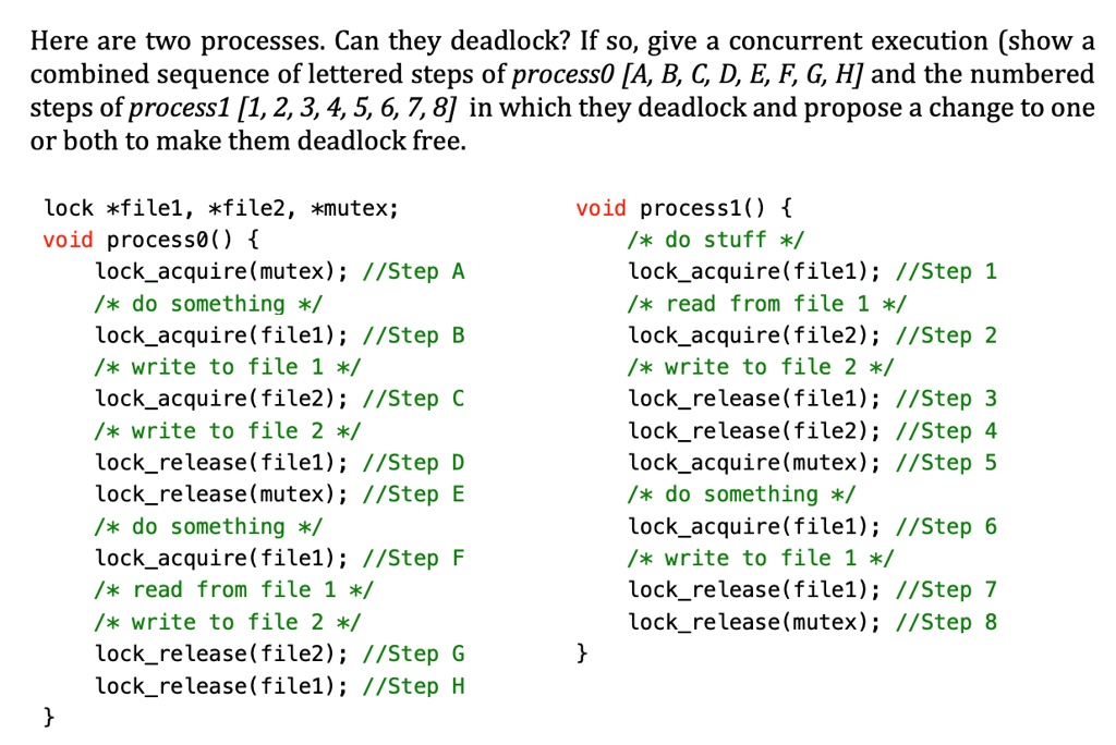 SOLVED: Here are two processes. Can they deadlock? If so, give a concurrent execution (show a ...