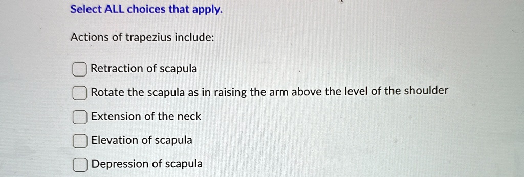 Select ALL choices that apply. Actions of trapezius include: Retraction ...
