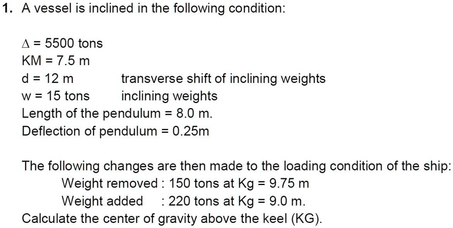 SOLVED: 1 A vessel is inclined in the following condition: 4 = 5500 ...