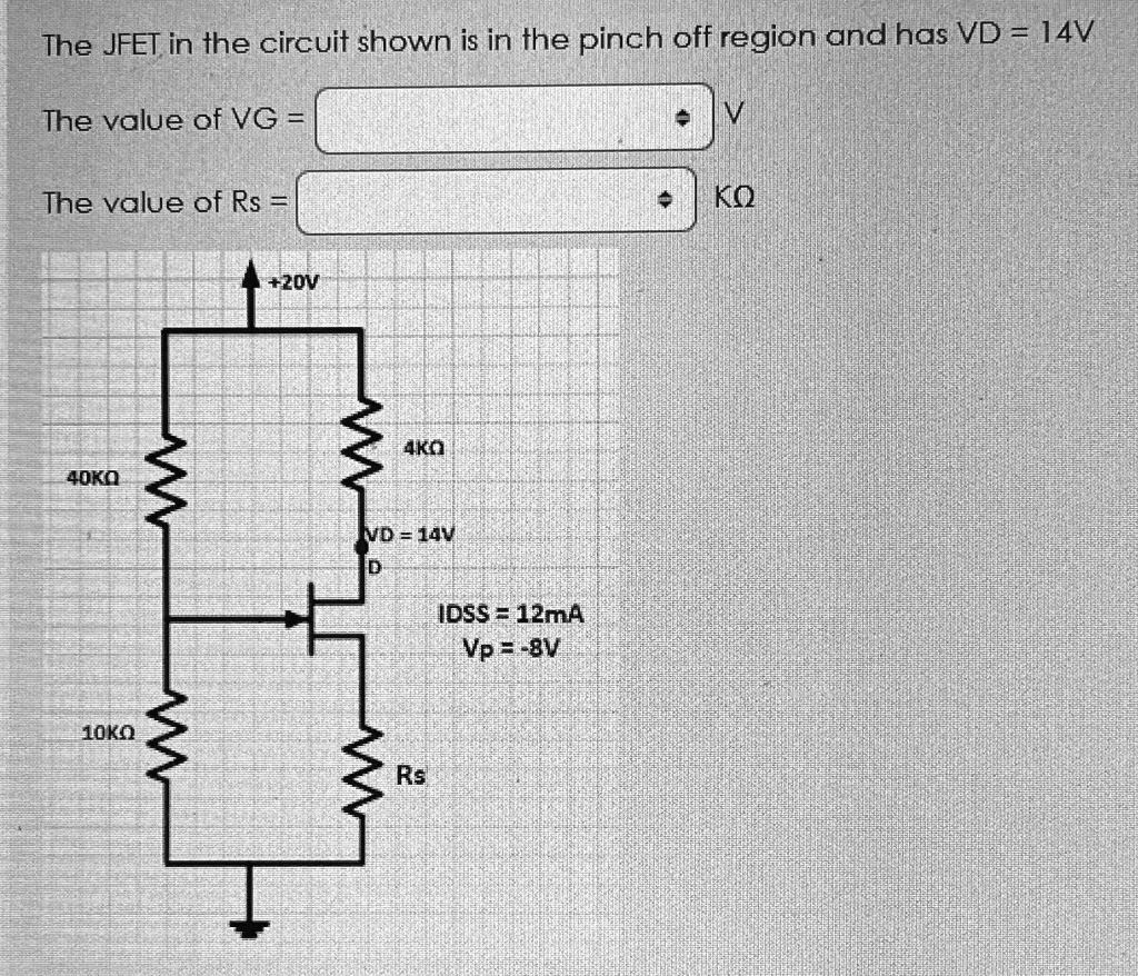 SOLVED: The JFET in the circuit shown is in the pinch-off region and has VD = 14V. The value of ...