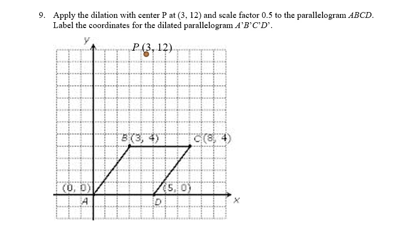 SOLVED: Apply the dilation with center P at (3, 12) and scale factor 0.5 to the parallelogram ...